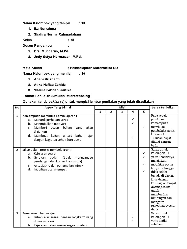 Penilaian Simulasi Microteaching - Kelompok 10-4 | PDF