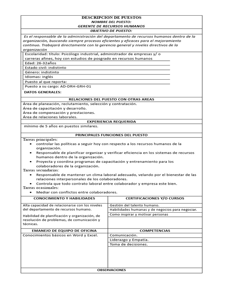 Descripcion de Puestos | PDF | Gestión de recursos humanos | Business