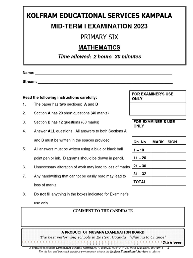 p6 MATHS midterm set 1 2023 | PDF | Area | Geometry