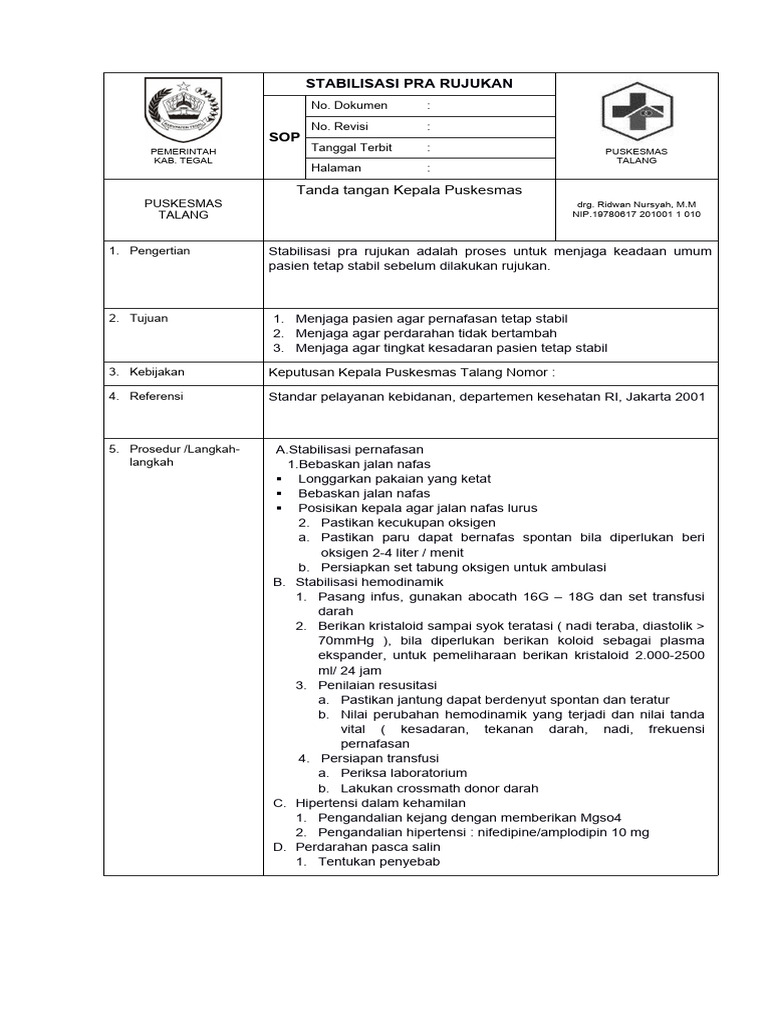 Sop Stabilisasi Pra Rujukan | PDF