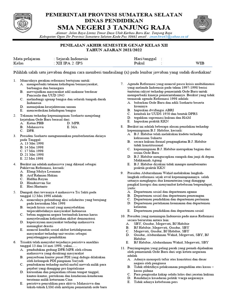 Soal Pas Sejarah Xii Ipa 2 Ipa | PDF