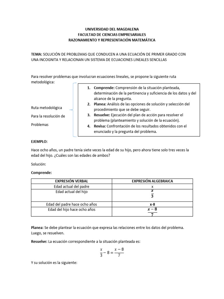 Guia Solucion de Problemas Que Conducen A Una Ecuacion de Primer Grado ...