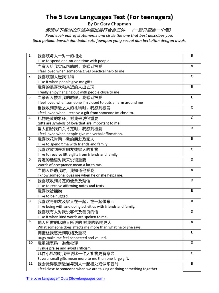 The 5 Love Languages Test - For Teenagers | PDF
