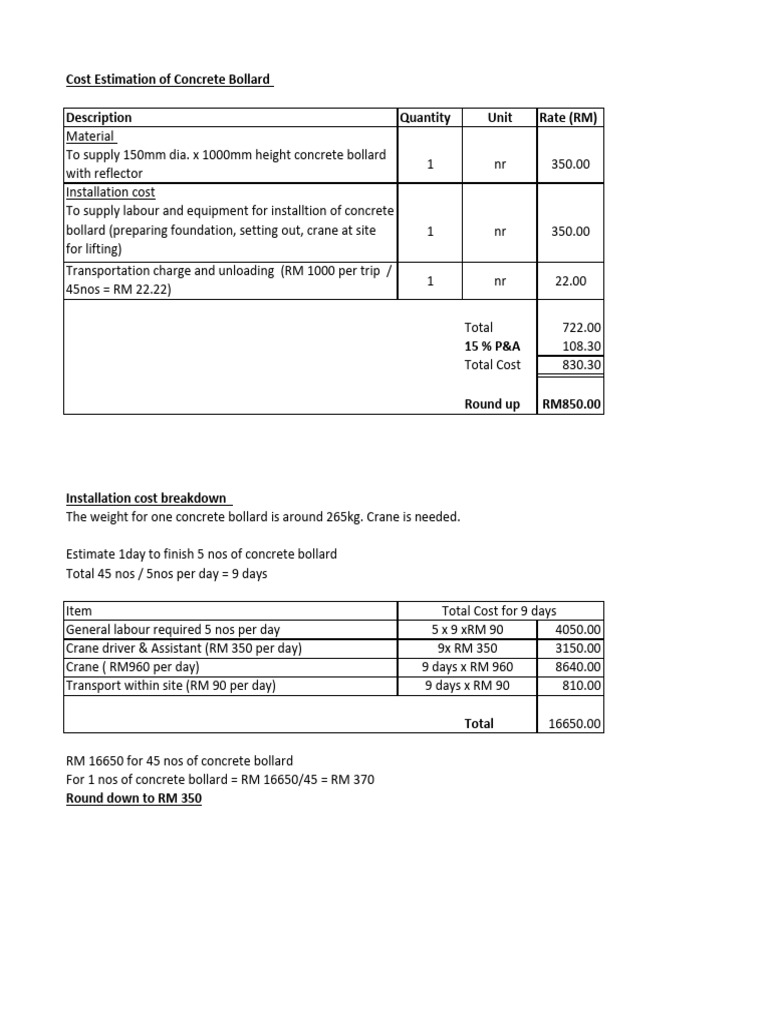 Concrete Bollard Installation Cost Breakdown | PDF | Technology ...