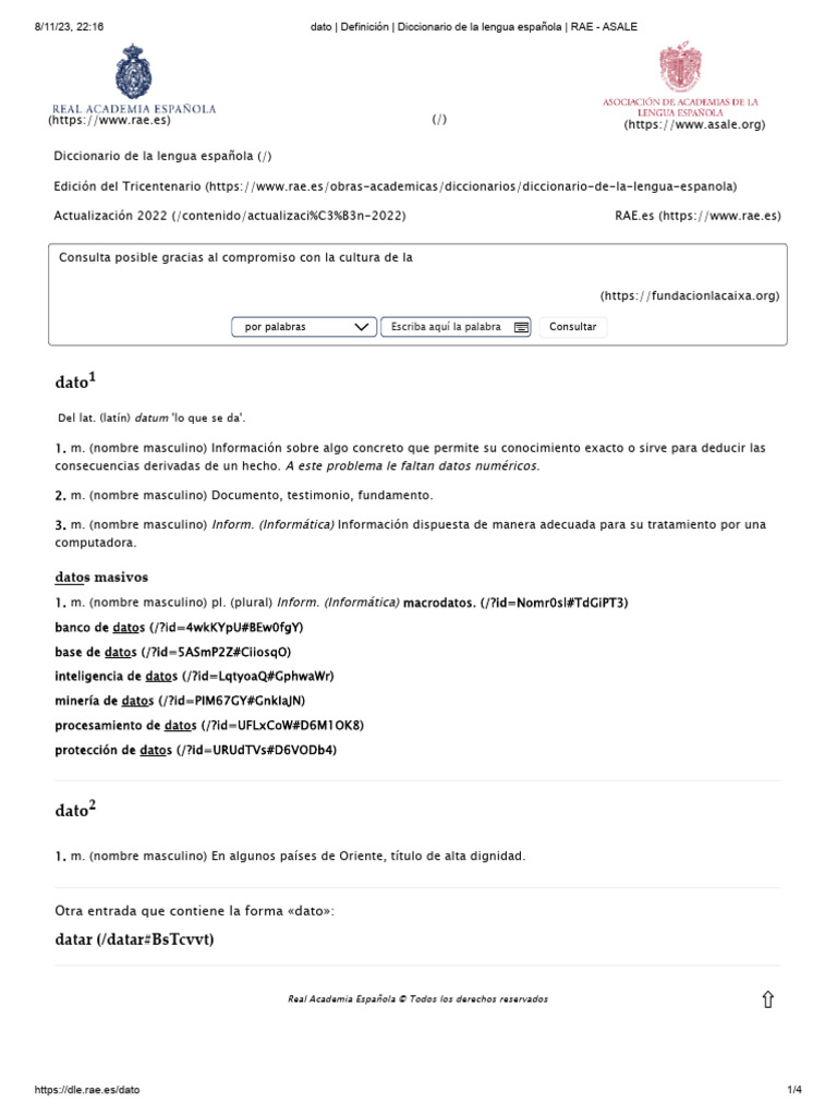 Dato - Definición - Diccionario de La Lengua Española - RAE - ASALE ...