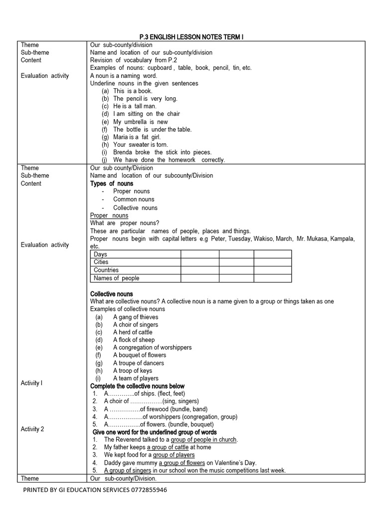 p.3 English Lesson Notes Term I | PDF | Grammatical Gender | Plural
