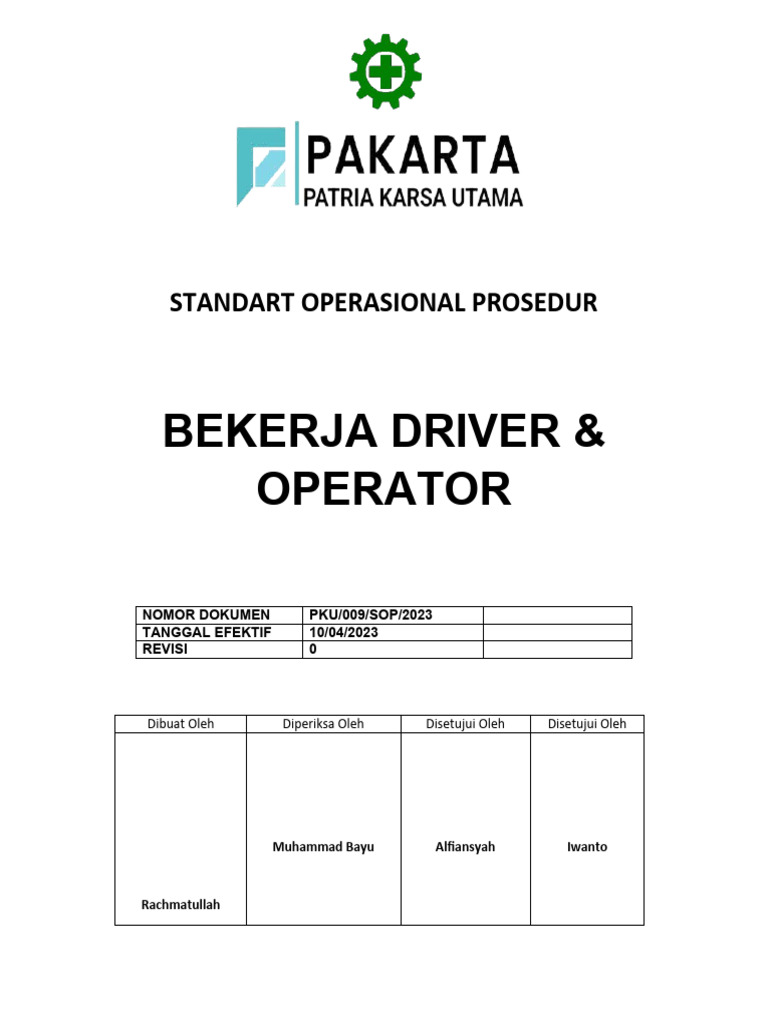 SOP Driver dan Operator PT Patria Karsa | PDF | Bisnis | Teknologi ...