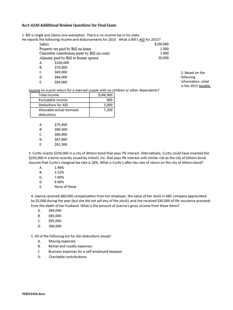 Acct 4220 Additional Review Questions For Final Exam | PDF | Tax Deduction | Capital Gains Tax ...