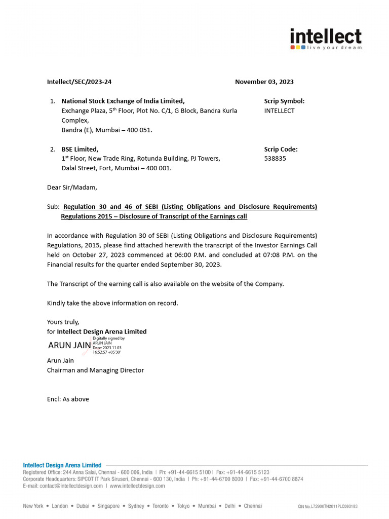 Intellect/SEC/2023-24 Scrip Symbol:: Arun Jain | PDF | Banks ...