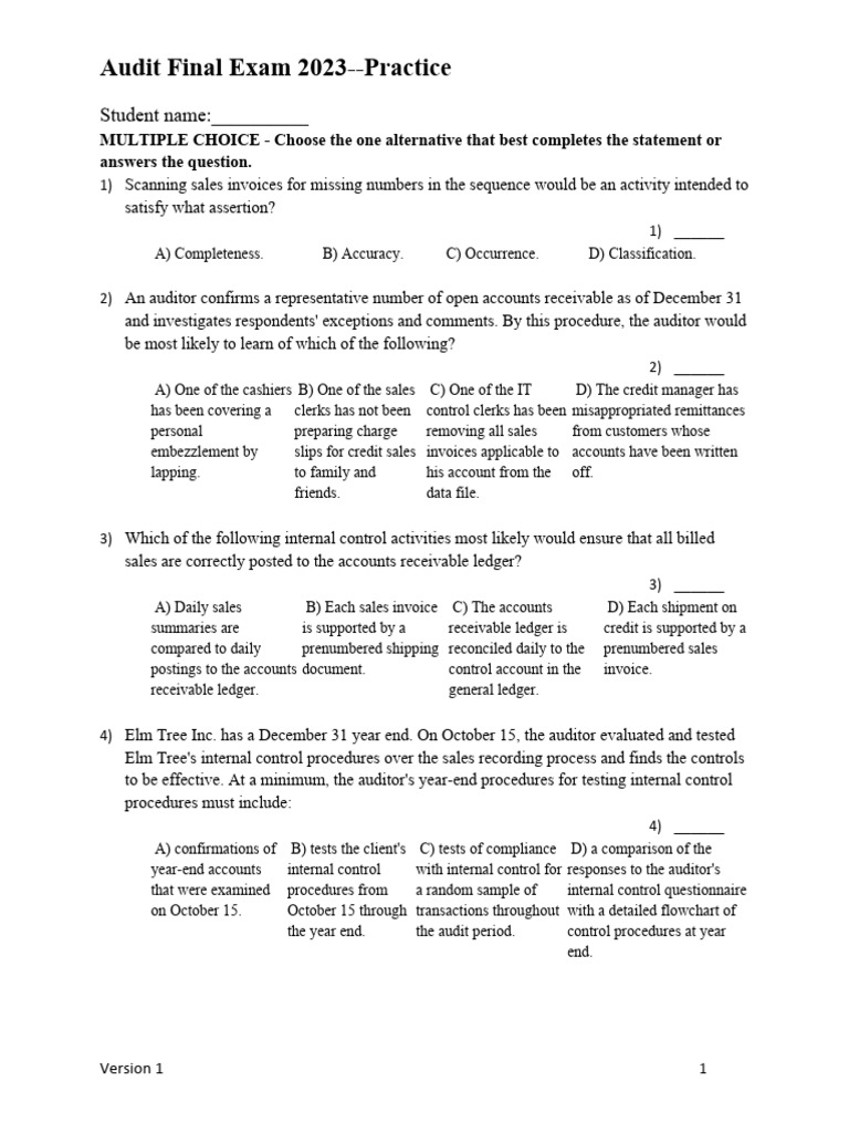 2023 Audit Final Exam - Version1 | PDF | Going Concern | Service Industries