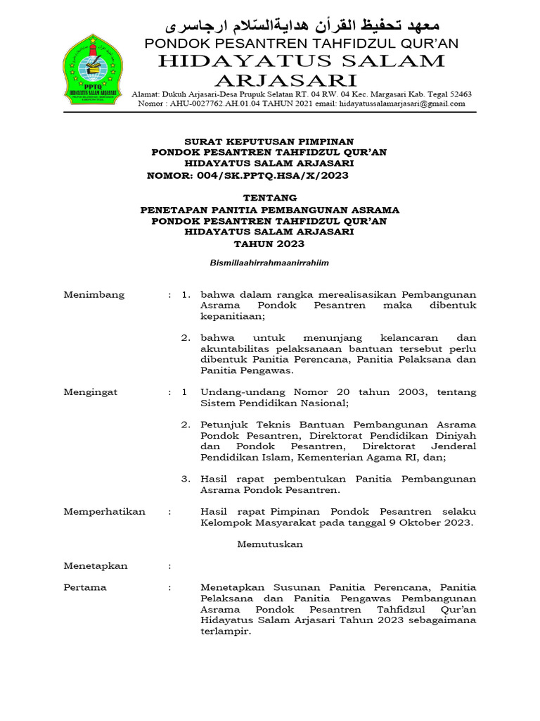 SK PENETAPAN PANITIA Pembangunan Asrama | PDF