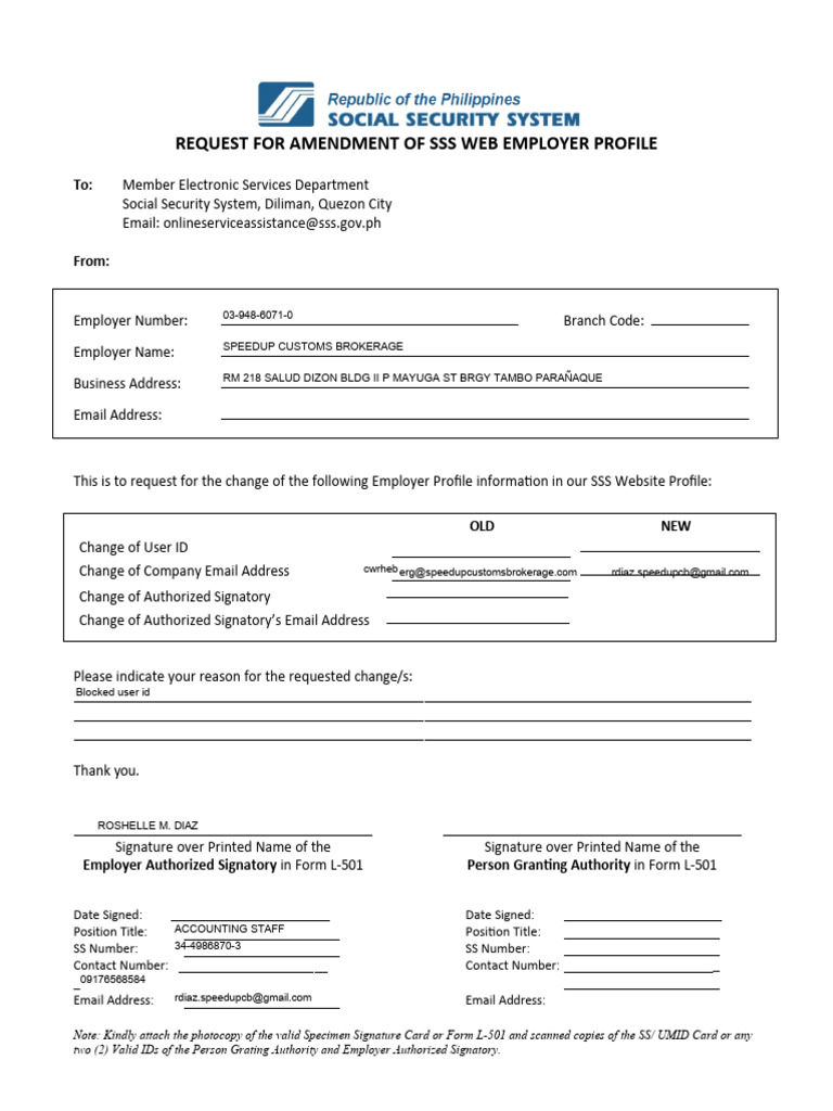 Request For Amendment of Sss Web Employer Profile | PDF