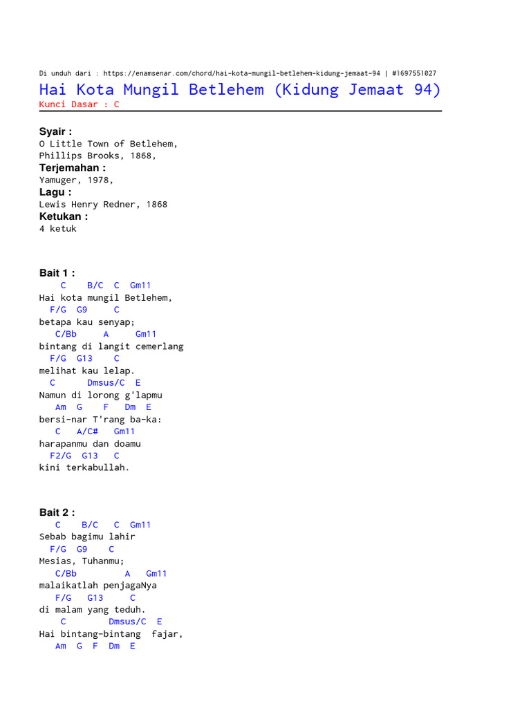 Hai Kota Mungil Betlehem Kidung Jemaat 94 Key-C KORD - ONE | PDF