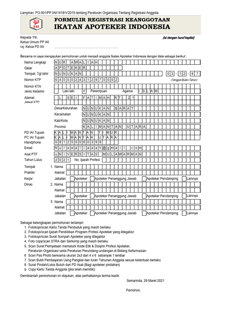 Form Registrasi Anggota Iai Nur Awaliah | PDF | Hukum