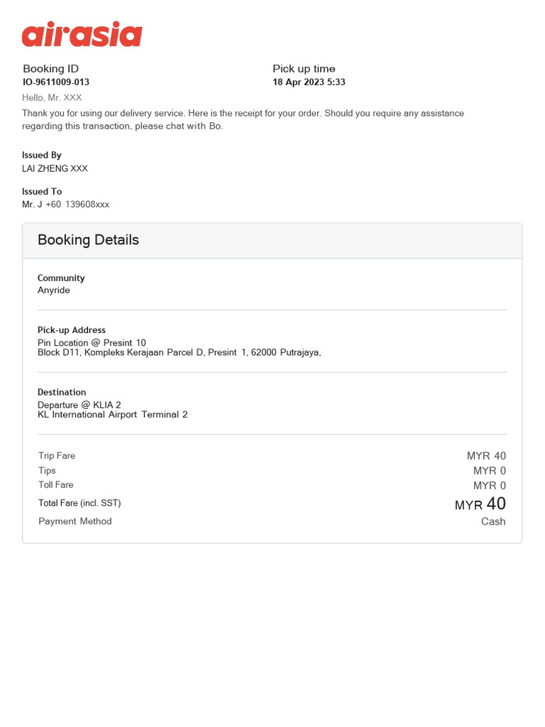 Ride Receipt for Mr. J | PDF