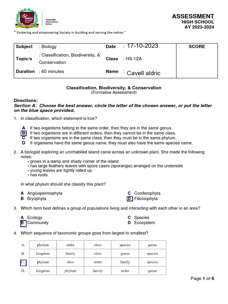 FA04 Classification, Biodiversity, & Conservation Cavell | PDF ...