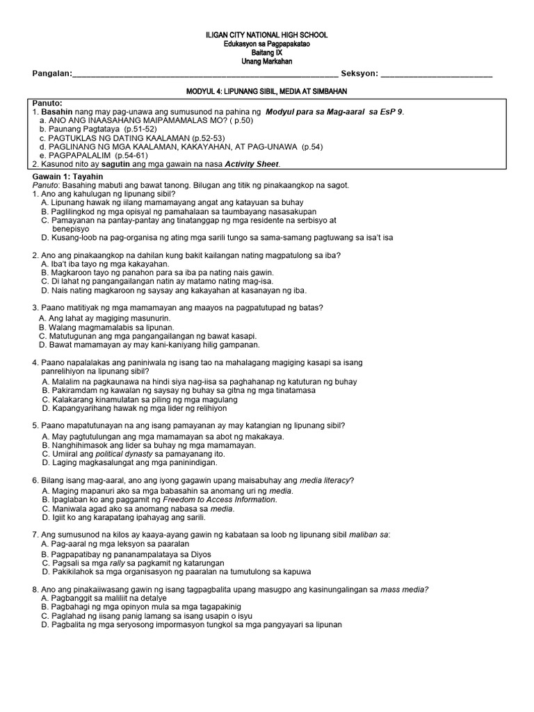 Oct.-16-23-EsP9-Q1-Activity-Sheet-Modyul-4 | PDF