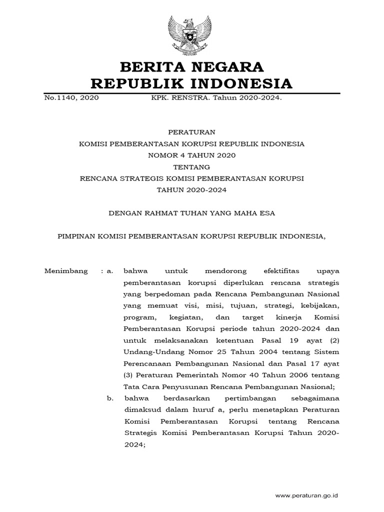 Peraturan KPK No. 4 Tahun 2020 Tentang Rencana Strategis Percepatan ... Peraturan KPK No. 4 Tahun 2020 Tentang Rencana Strategis Percepatan ...