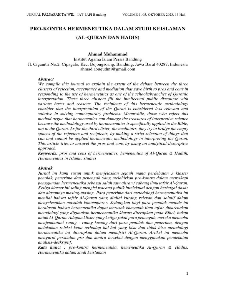 Jurnal Pro-Kontra Hermeneutika Dalam Studi Keislaman (Alqur'an Dan Hadis) - Ahmad Iat.b Sem.7 | PDF