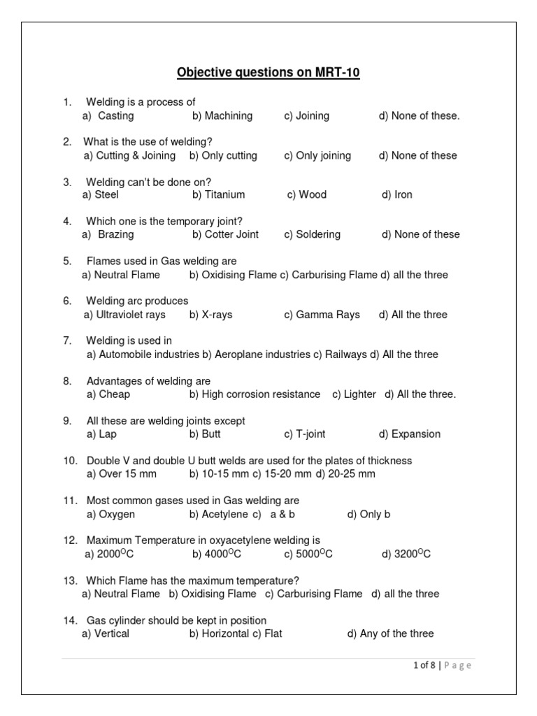 MRT-10 Welding Objective Questions | PDF | Construction | Welding