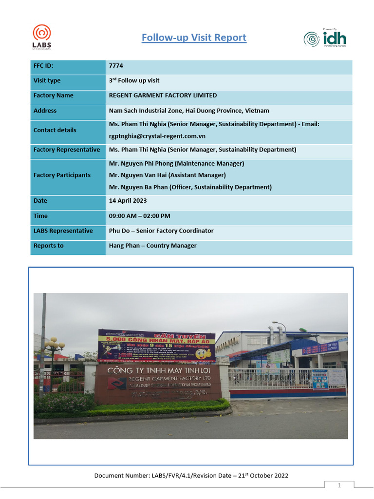 3rd Factory Follow Up Visit Report - REGENT GARMENT FACTORY LTD - 14 ...