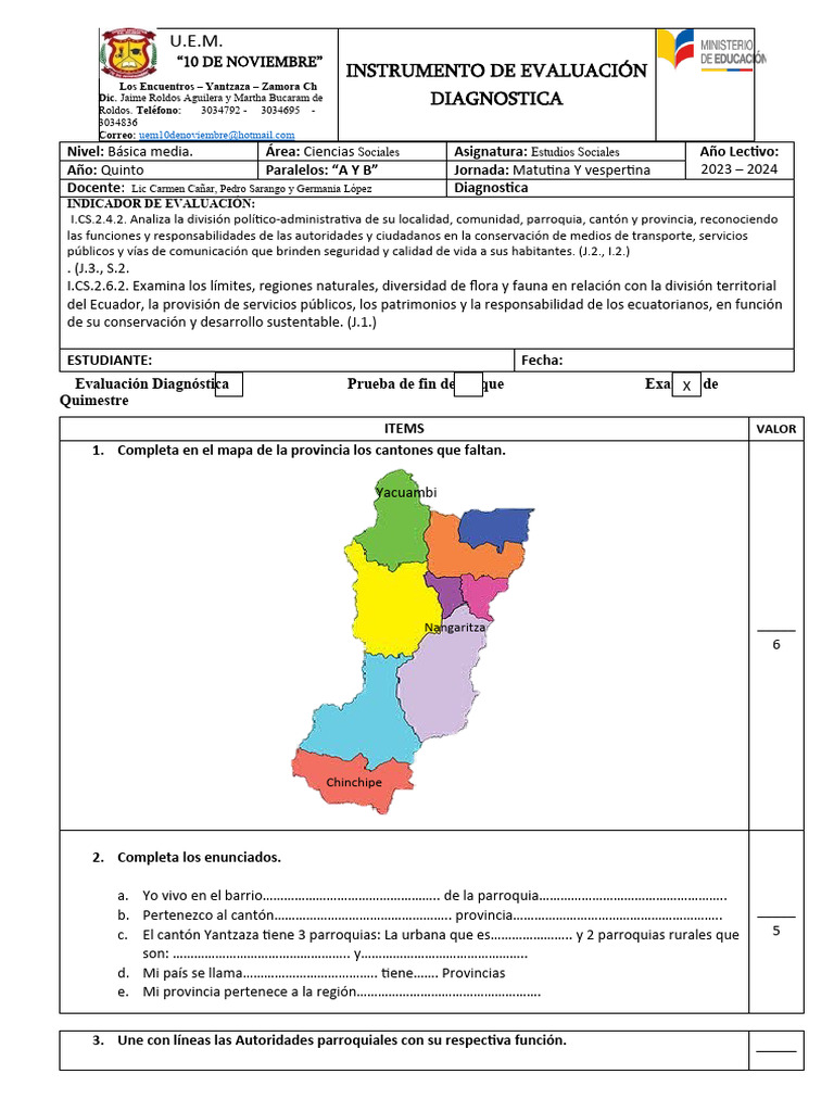 Evaluacion Diagnostica de Quinto Grado | PDF