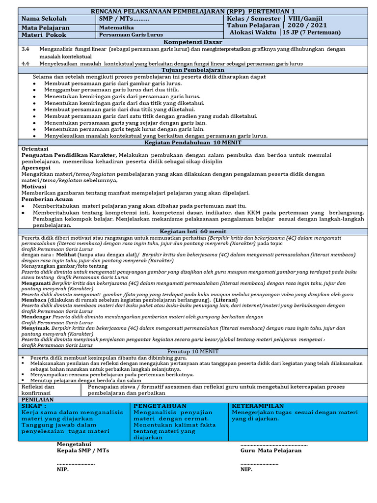 RPP 4 Persamaan Garis Lurus | PDF | Karier & Perkembangan | Sains & Matematika