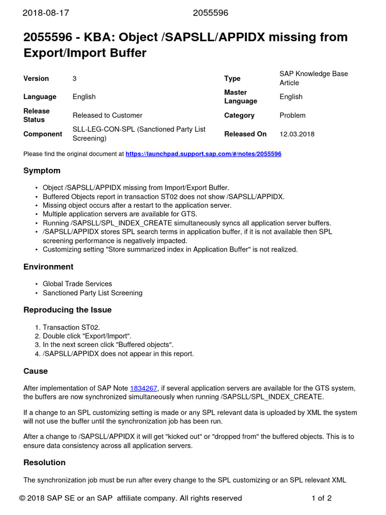 KBA - Object :SAPSLL:APPIDX Missing From Export:Import Buffer | PDF | Information Technology ...