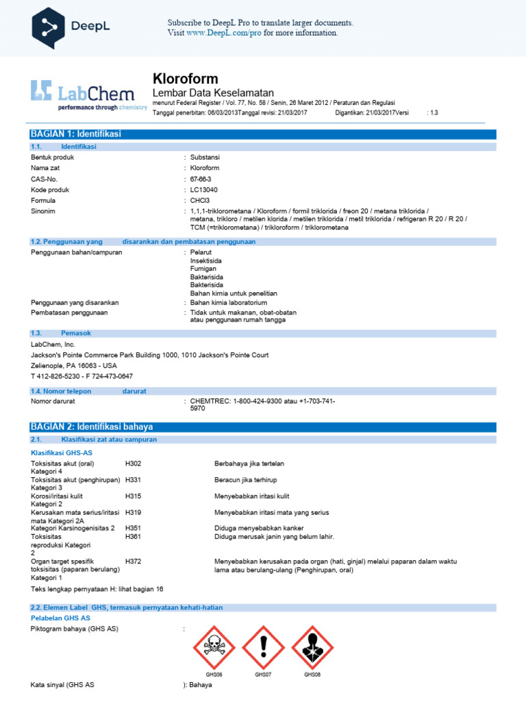 Kloroform: Lembar Data Keselamatan | PDF