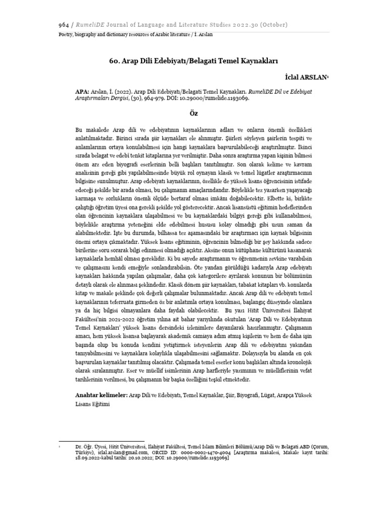 Arap Dili Edebiyatı-Belagati Temel Kaynakları | PDF