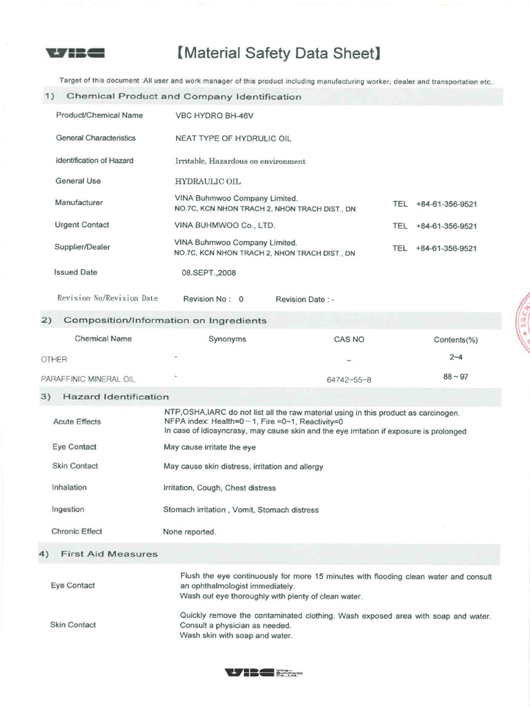 21. Dầu Thủy Lực Msds Vbc Hydro Bh-46v_1069_0001 | PDF