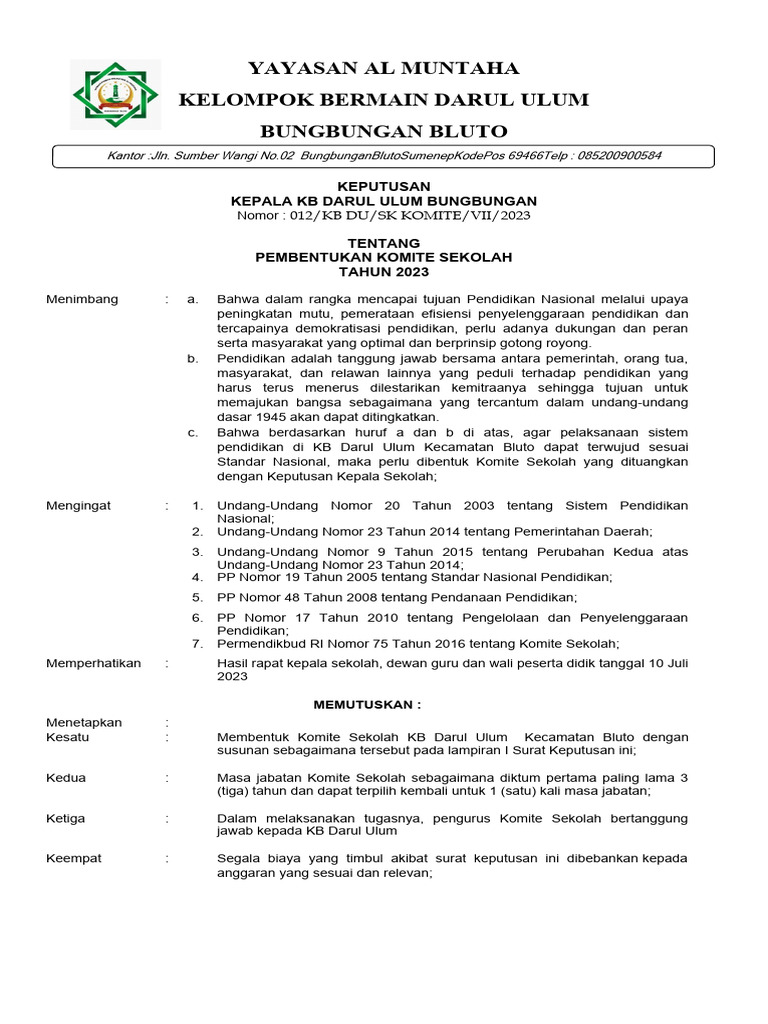 Panduanmengajar Com Contoh Sk Komite Sekolah 2023 Pdf