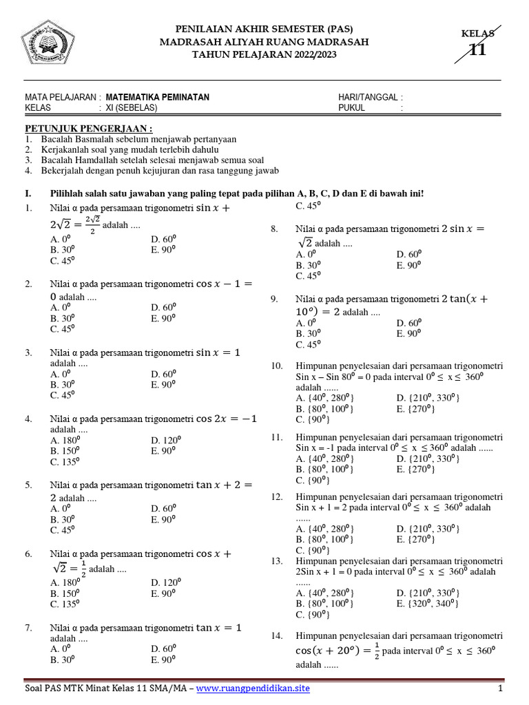 SOAL PAS MTK Minat KELAS 11 | PDF