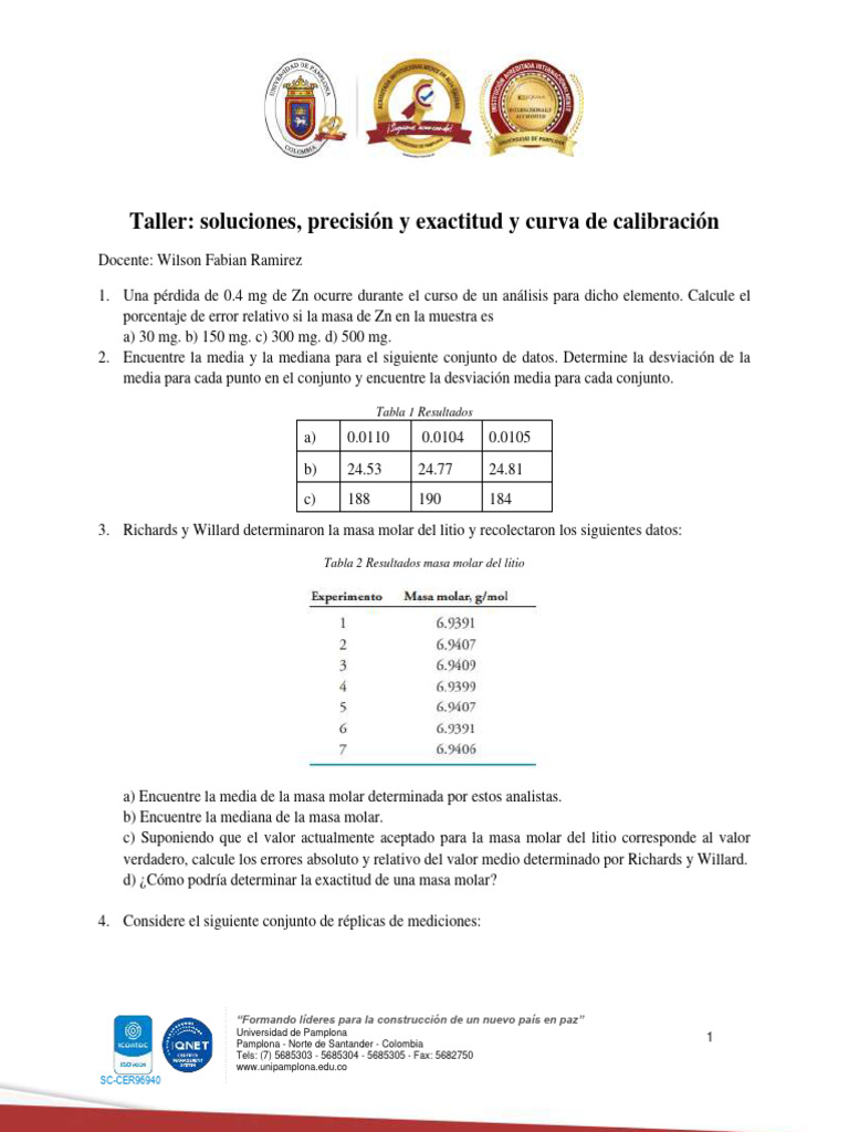 Taller 1 Ejercicios Soluciones, CC, Precision y Exactitud | Descargar gratis PDF | Concentración ...