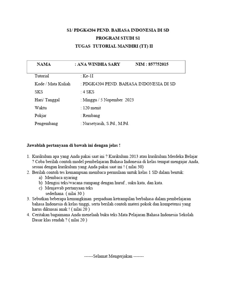 Soal TT 2 Pendas | PDF