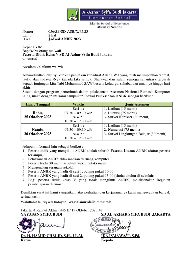 Surat Informasi Jadwal ANBK 2023 | PDF