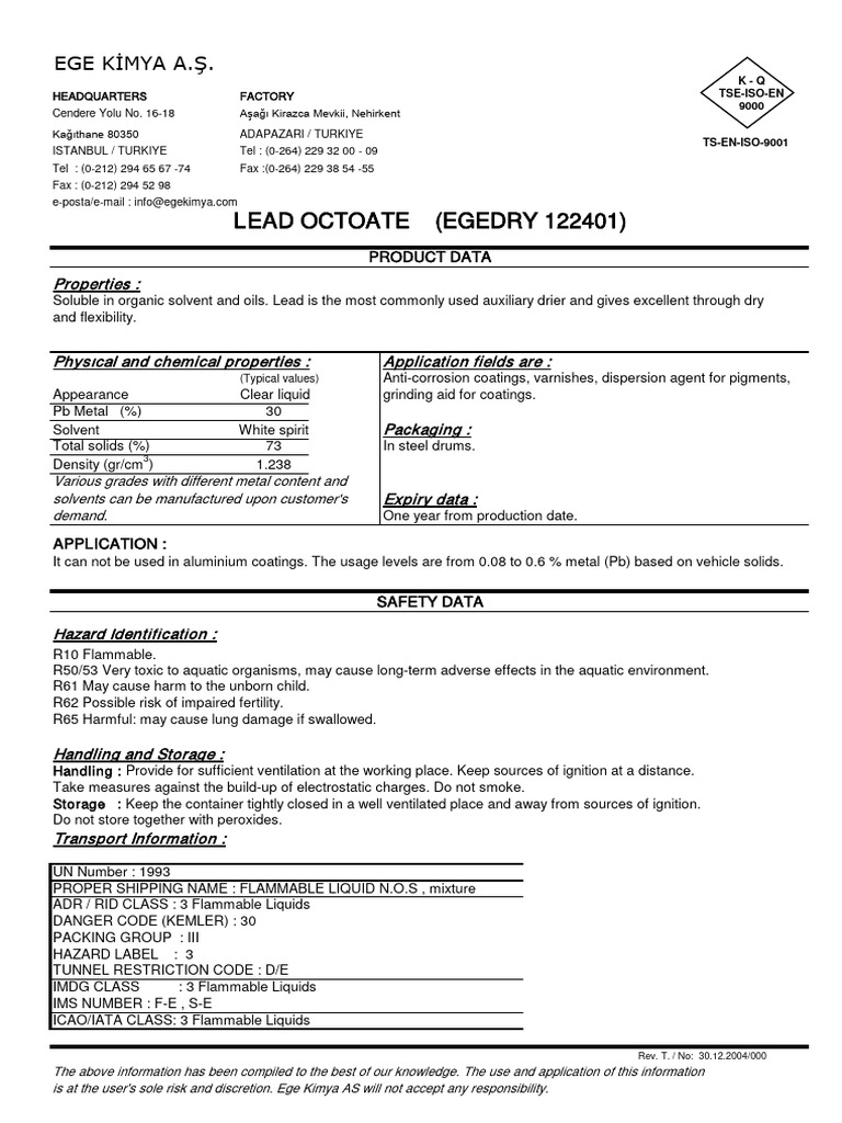 Lead Octoate Product Information | PDF | Solvent | Chemical Substances
