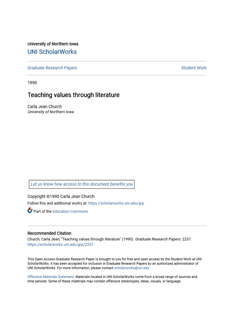 Teaching Values Through Literature | PDF | Teachers | Curriculum