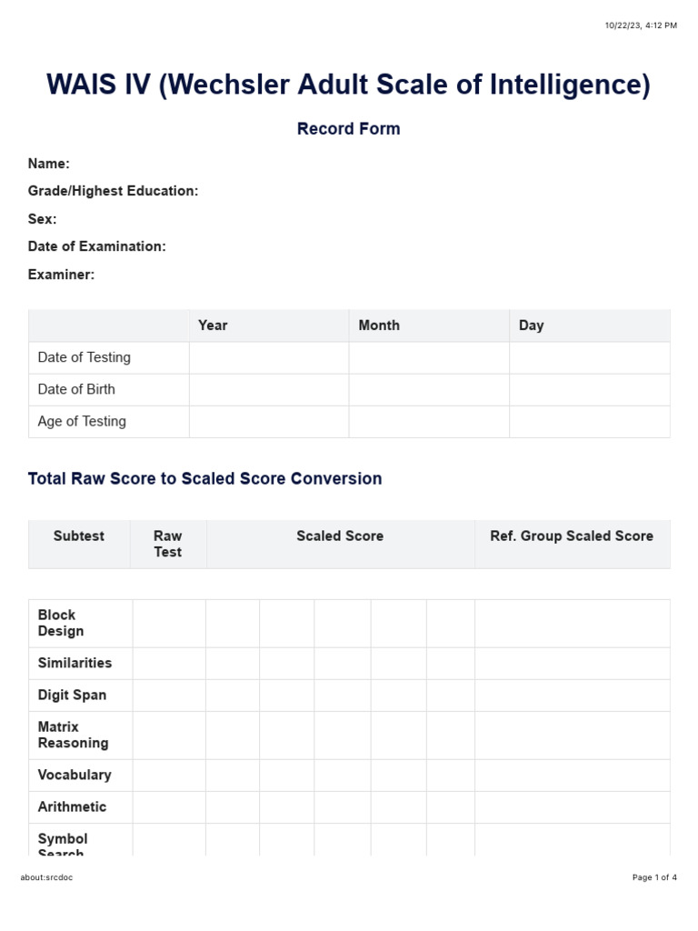 Carepatron - DR Rob Smith (Example) - WAIS IV (Wechsler Adult Scale of ...