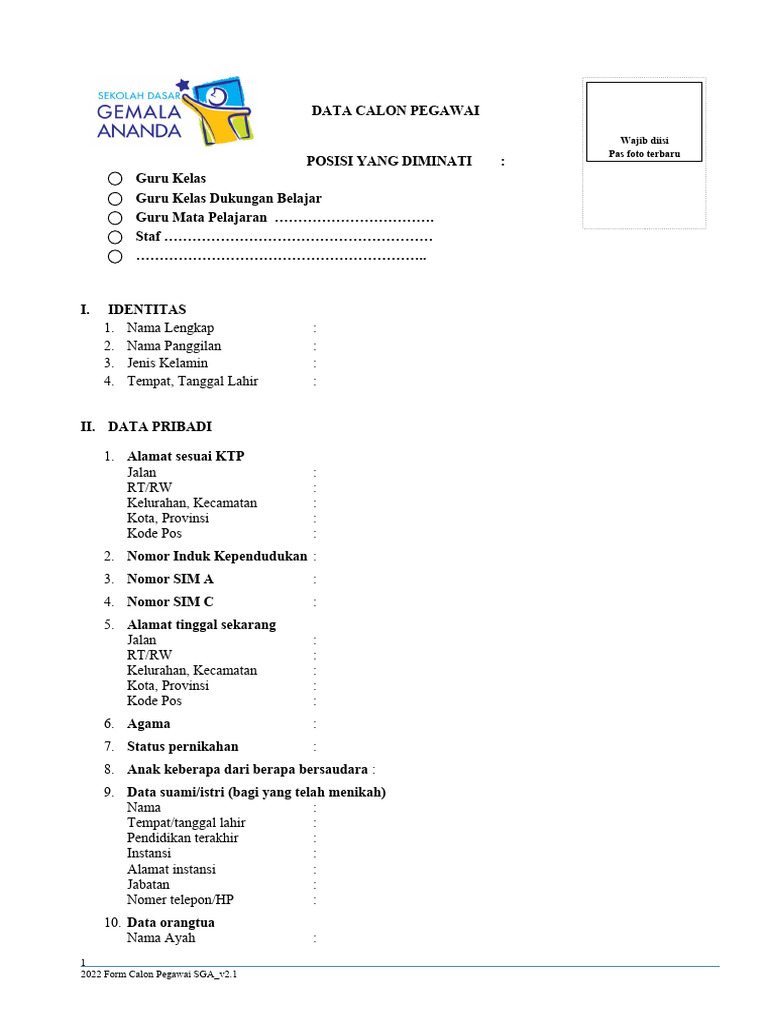2022 - Form Calon Pegawai SGA - v2.1 | PDF