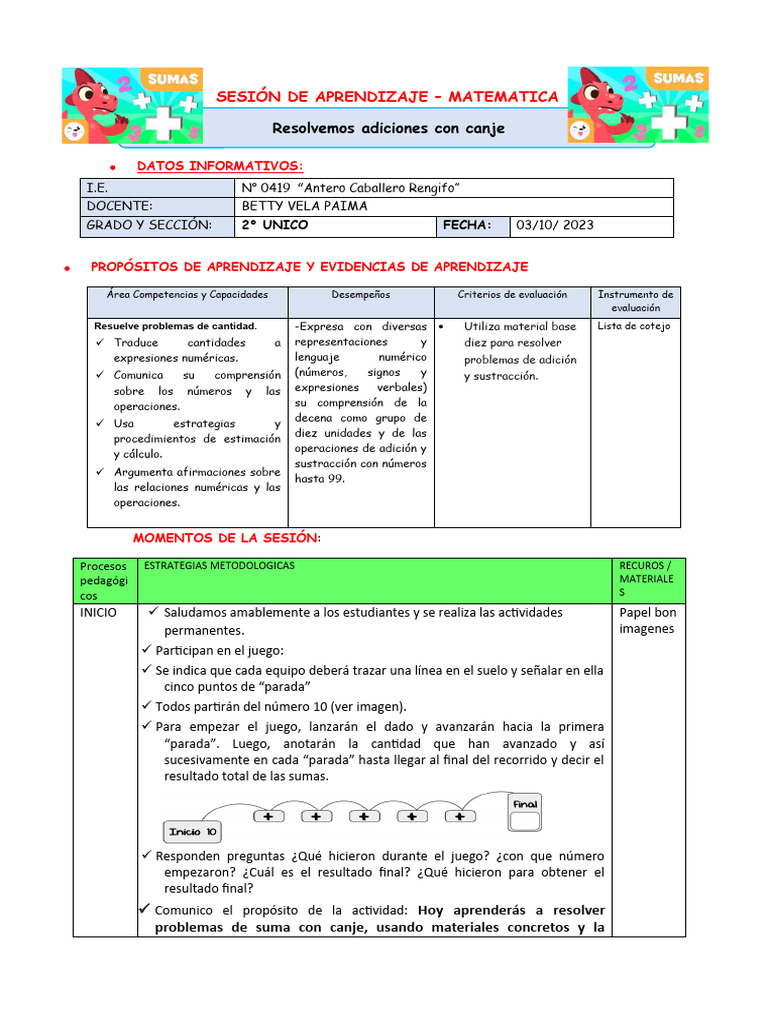 Ses. Matematica - Suma Con Canje | PDF | Evaluación | Aprendizaje