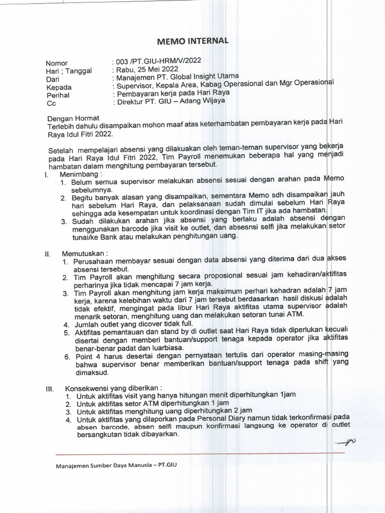 Memo - Pembayaran Kerja Hari Raya | PDF