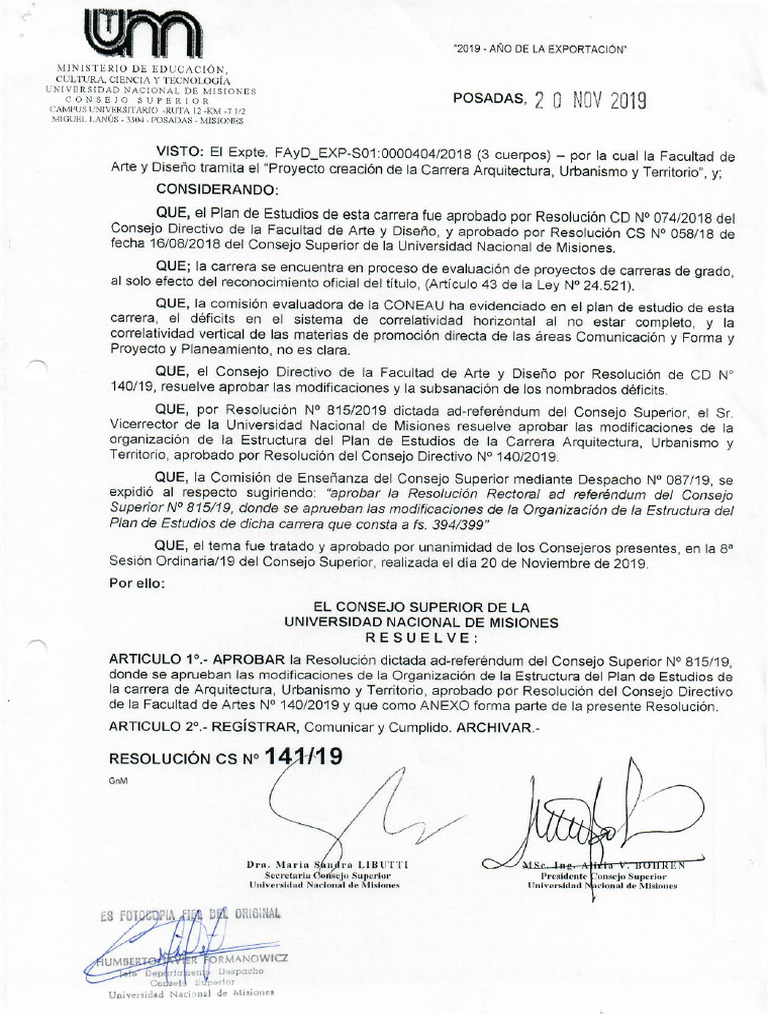 Plan de Estudios Arquitectura, Urbanismo y Territorio Res CS 141-19 | PDF