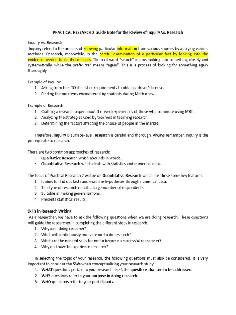 PR2 Concept Notes Review of Inquiry Vs Research Chapter 1 and Lessons ...
