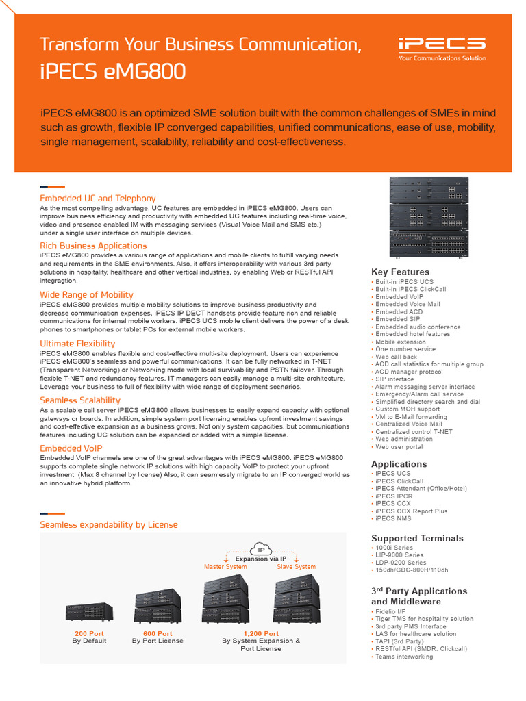 iPECS eMG800 Unified 5.0 Datasheet v.1.0 20210322 | PDF | Power Supply | Telephony