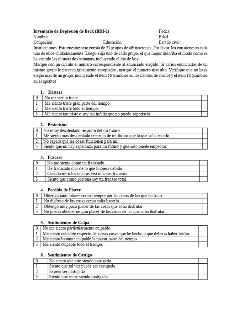 Inventario de Depresion de Beck (BDI-2) | PDF | Relaciones personales, crianza y desarrollo ...