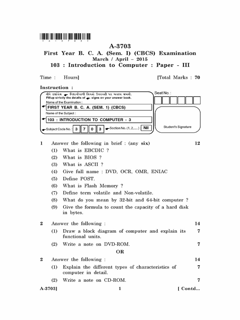 A-3703 - First Year B. C. A. (Sem. I) (CBCS) Examination March April ...
