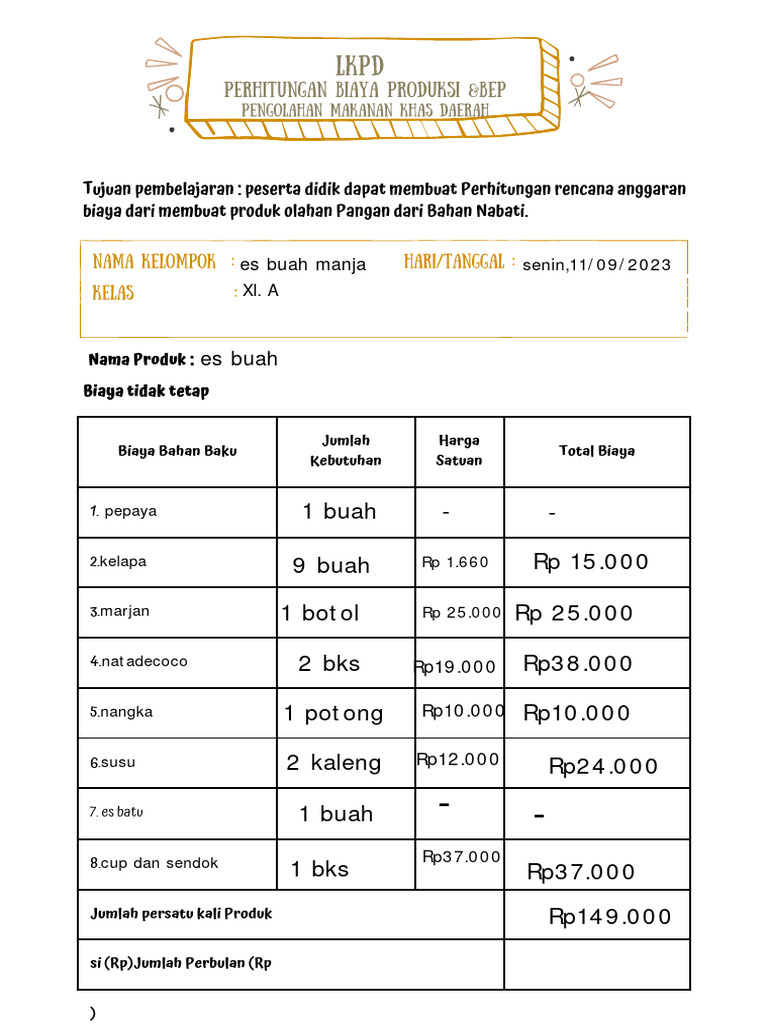 LKPD PERHITUNGAN BIAYA PRODUKSI &BEP Pengolahan Pangan Nabati | PDF