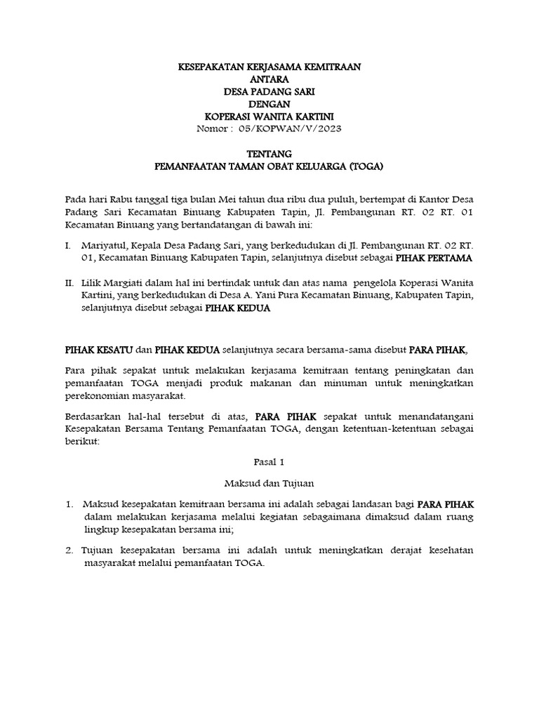 Kerjasama Pemanfaatan TOGA Desa Padang Sari | PDF