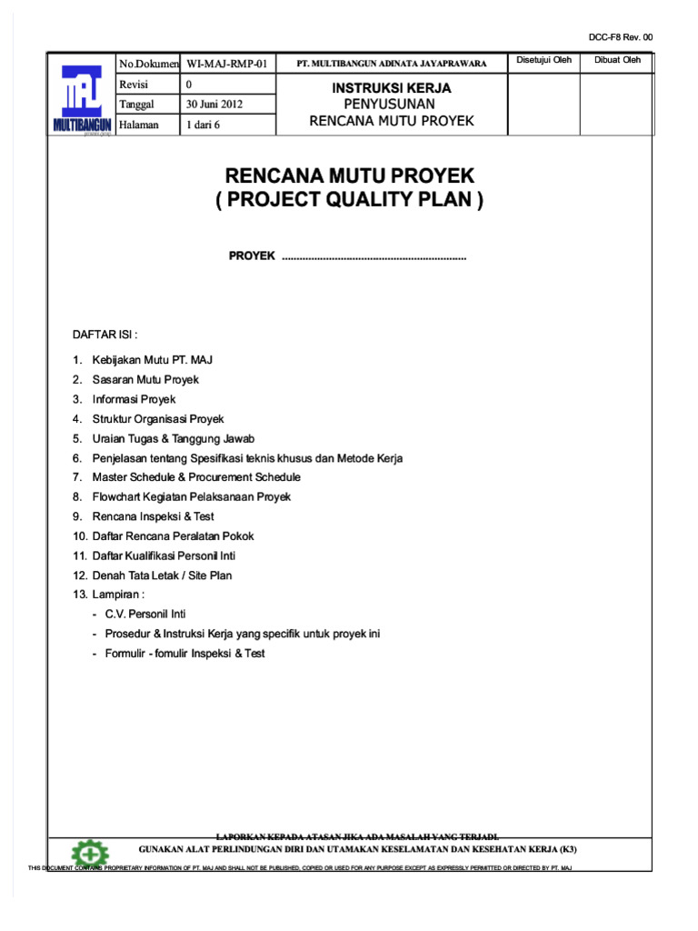 PDF 001 Rencana Mutu Proyek RMP - Compress | PDF